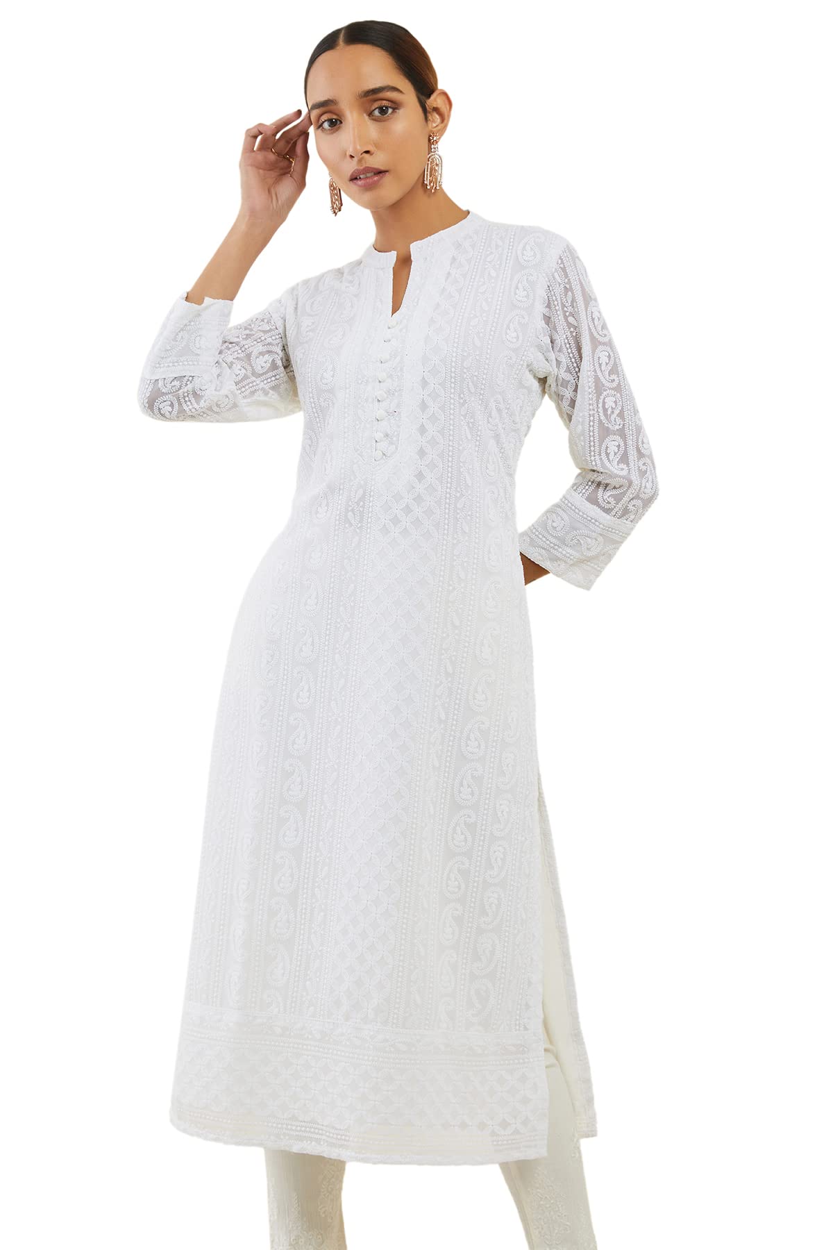 Soch Womens Off White Georgette Straight Kurta With Self Embroidered ...