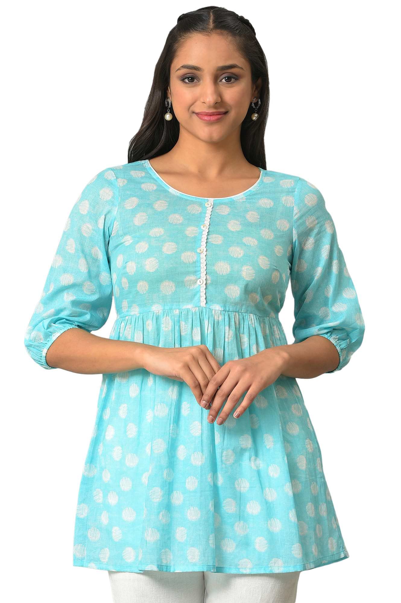 Aurelia Womens Cotton Loose Blue Floral Printed Short Kurti (23FEA30331 ...